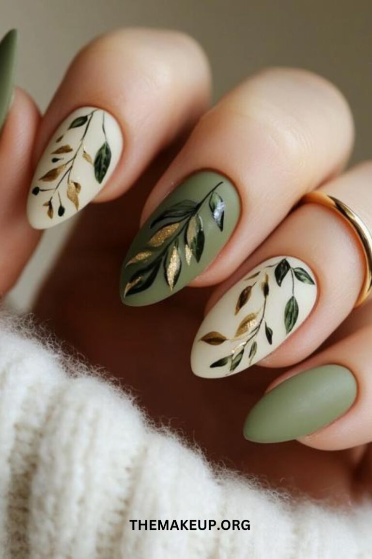 Fall Nail Designs: Green Olive & Golden leaves Nail Art Guide! - The Makeup
