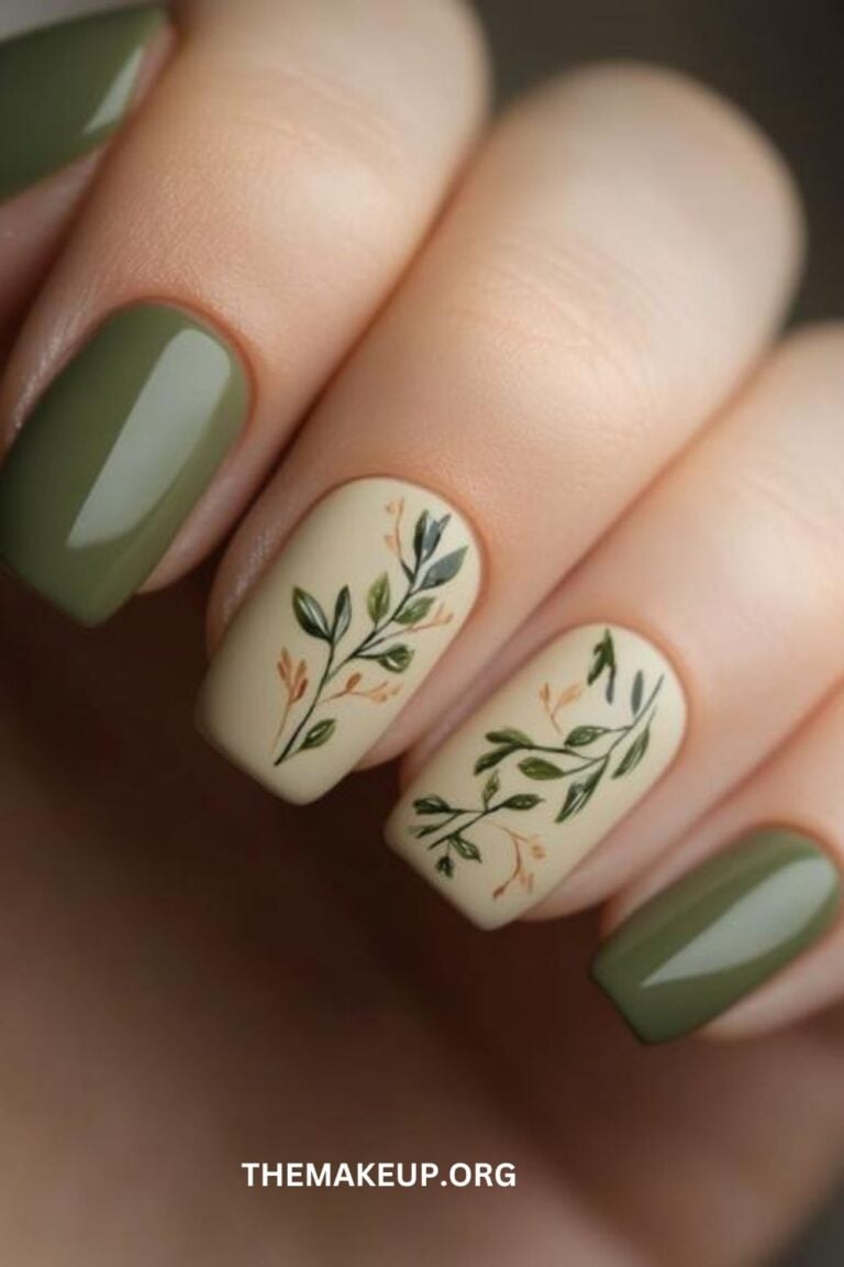 Fall Nail Designs: Green Olive & Golden leaves Nail Art Guide! - The Makeup